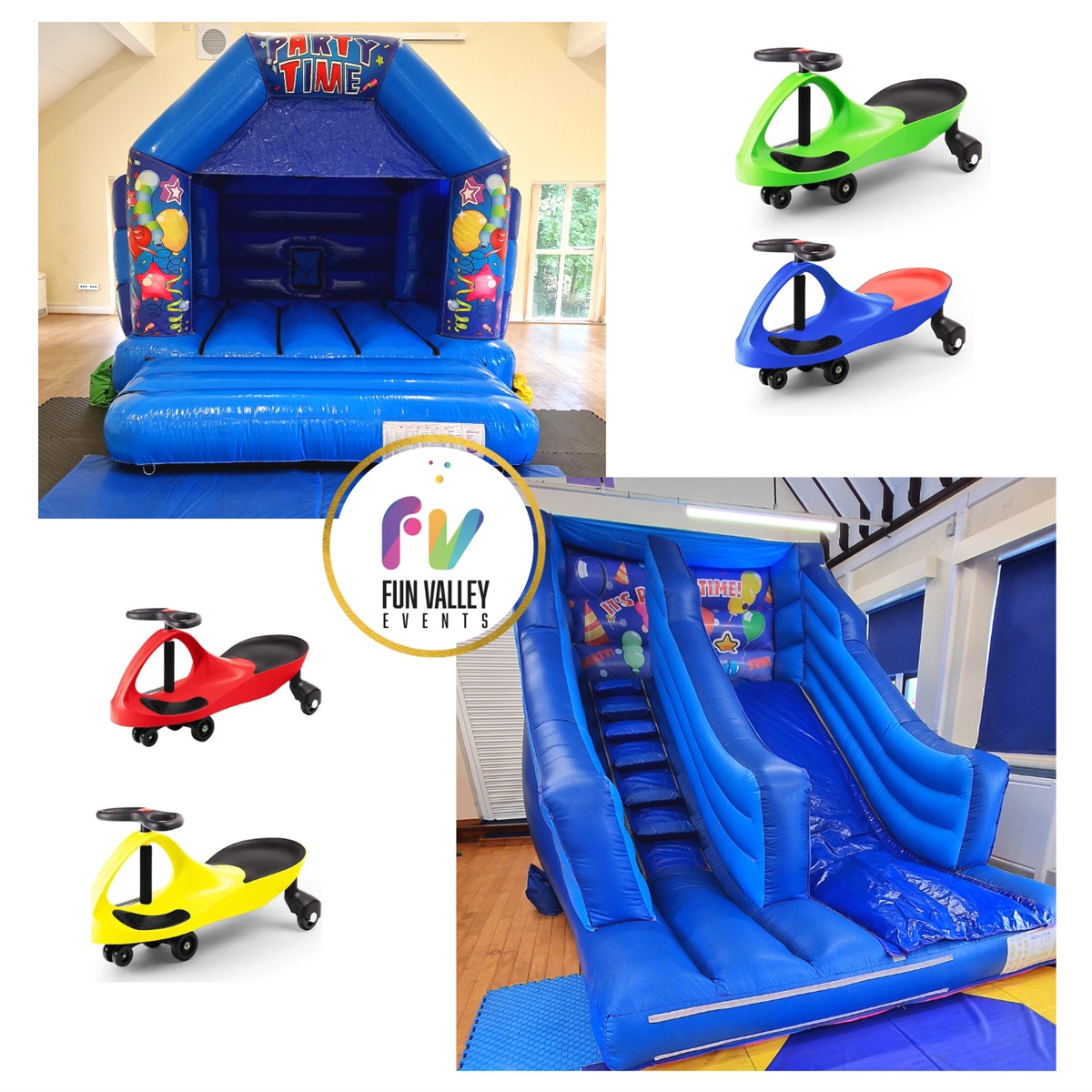 22. Bouncy Castle, 6ft Platform Inflatable Slide and 4 Wiggle Cars ...